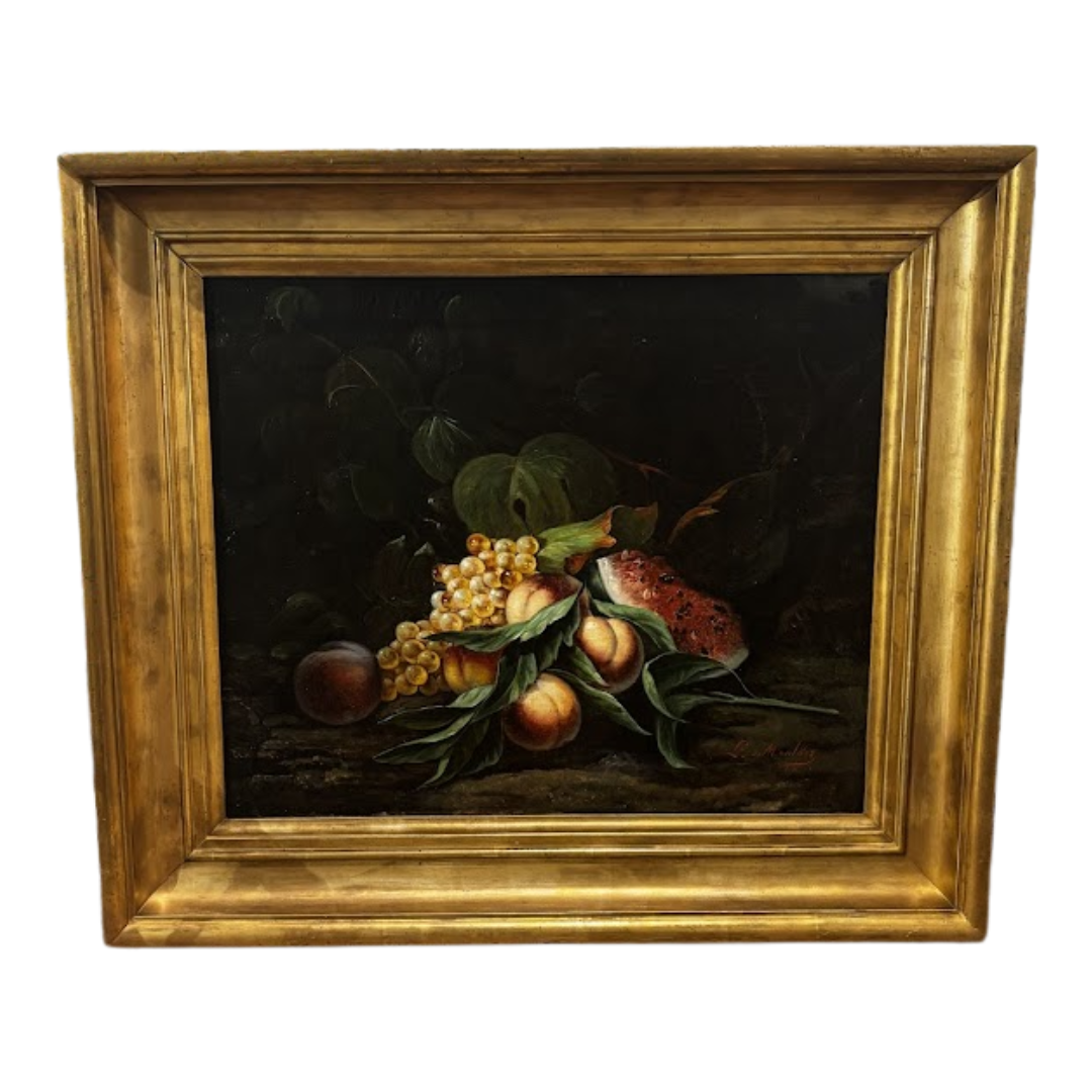 Fruit Still Life - Antique Oil by French Listed Artist in Original Gil ...