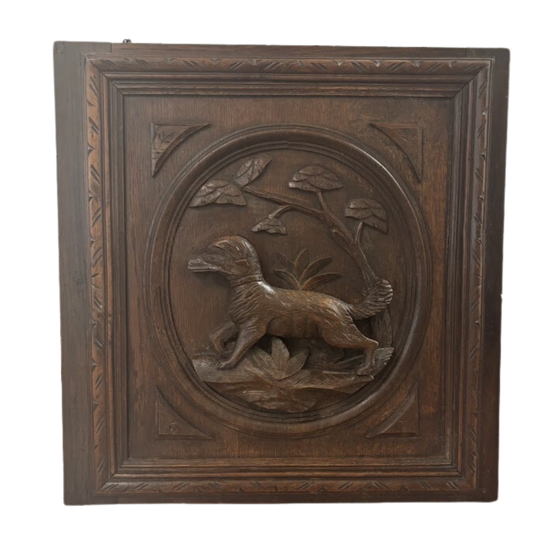 English Oak Cabinet Panel with Carved Dog – interiorsmarket